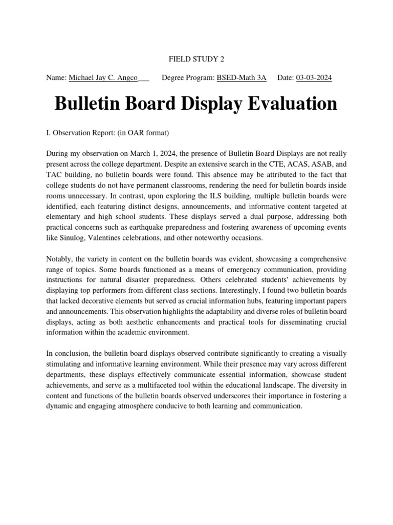 Bulletin Board Evaluation - Report | PDF | Creativity | Rubric (Academic)