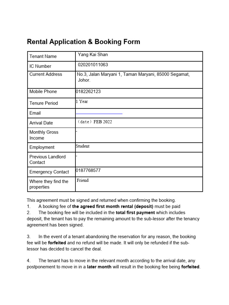 Rental Application & Booking Form | PDF