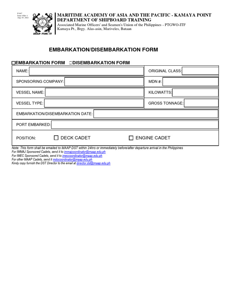 F 047 Embarkation Disembarkation Form | PDF