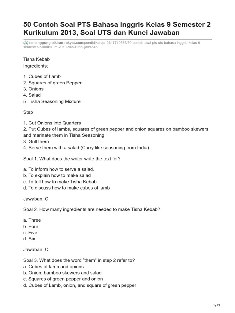 50 Contoh Soal PTS Bahasa Inggris Kelas 9 Semester 2 Kurikulum 2013 Soal UTS Dan Kunci Jawaban ...
