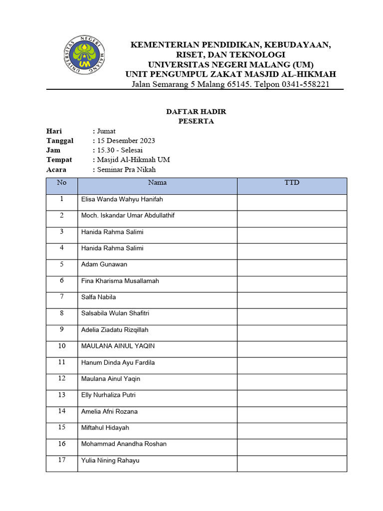 Daftar Hadir Seminar Pra Nikah | PDF