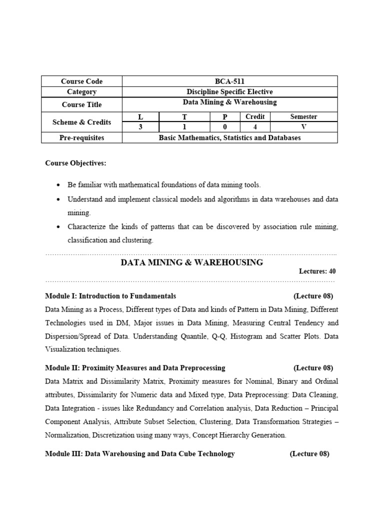 BCA-511 Data Mining & Warehousing - VK BCA | PDF | Cluster Analysis | Data Warehouse