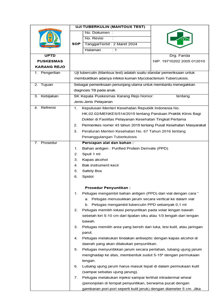 Prosedur Uji Tuberkulin Mantoux Test | PDF