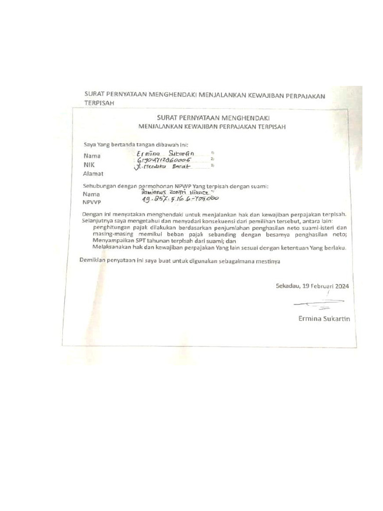 Surat Pajak Terpisah Ermina | PDF Surat Pajak Terpisah Ermina | PDF
