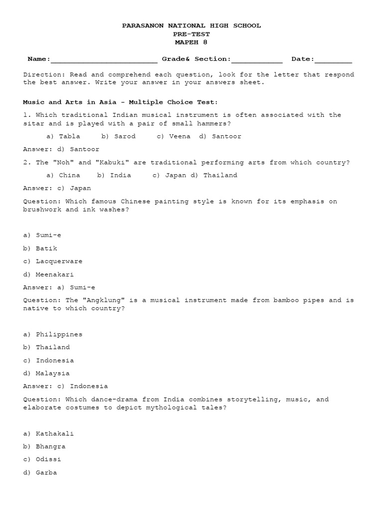Pre Test Mapeh 8 1 | PDF | Performing Arts