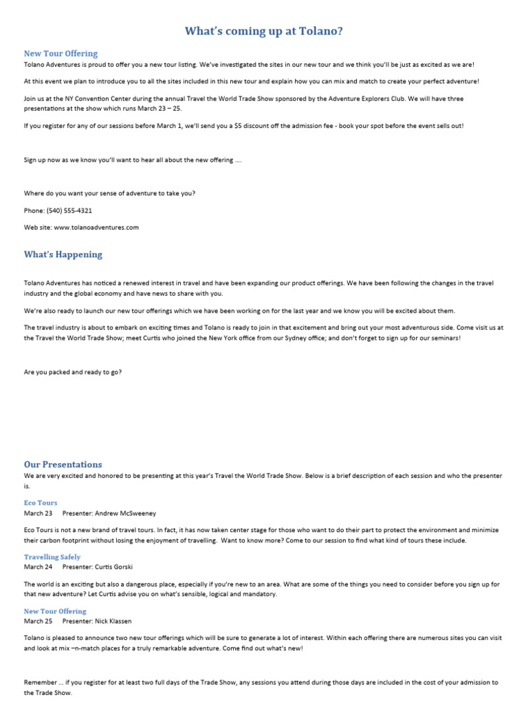 Tolano Adventures Trade Show Brochure | PDF