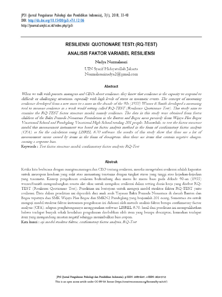 Resiliensi Quotionare Test (RQ-TEST) Analisis Faktor Variabel ...