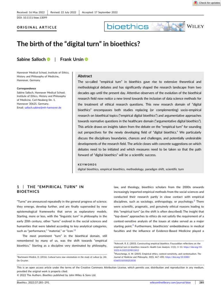 Bioethics - 2022 - Salloch - The Birth of The Digital Turn in Bioethics | PDF | Methodology ...