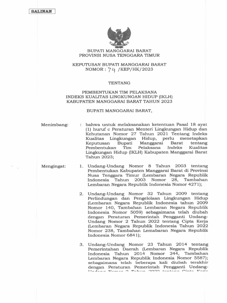 Pembentukan Tim Pelaksana Indeks Kualitas Lingkungan Hidup (IKLH ... Pembentukan Tim Pelaksana Indeks Kualitas Lingkungan Hidup (IKLH ...