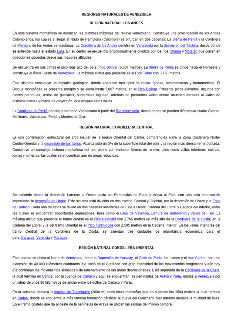 Regiones Naturales de Venezuela | PDF | Andes | Venezuela