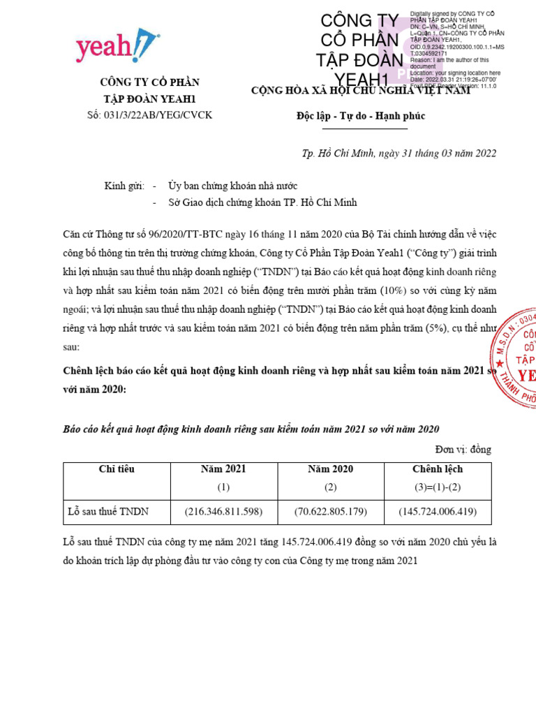 YEG - BCTC Hop Nhat Kiem Toan Nam 2021+giai Trinh | PDF