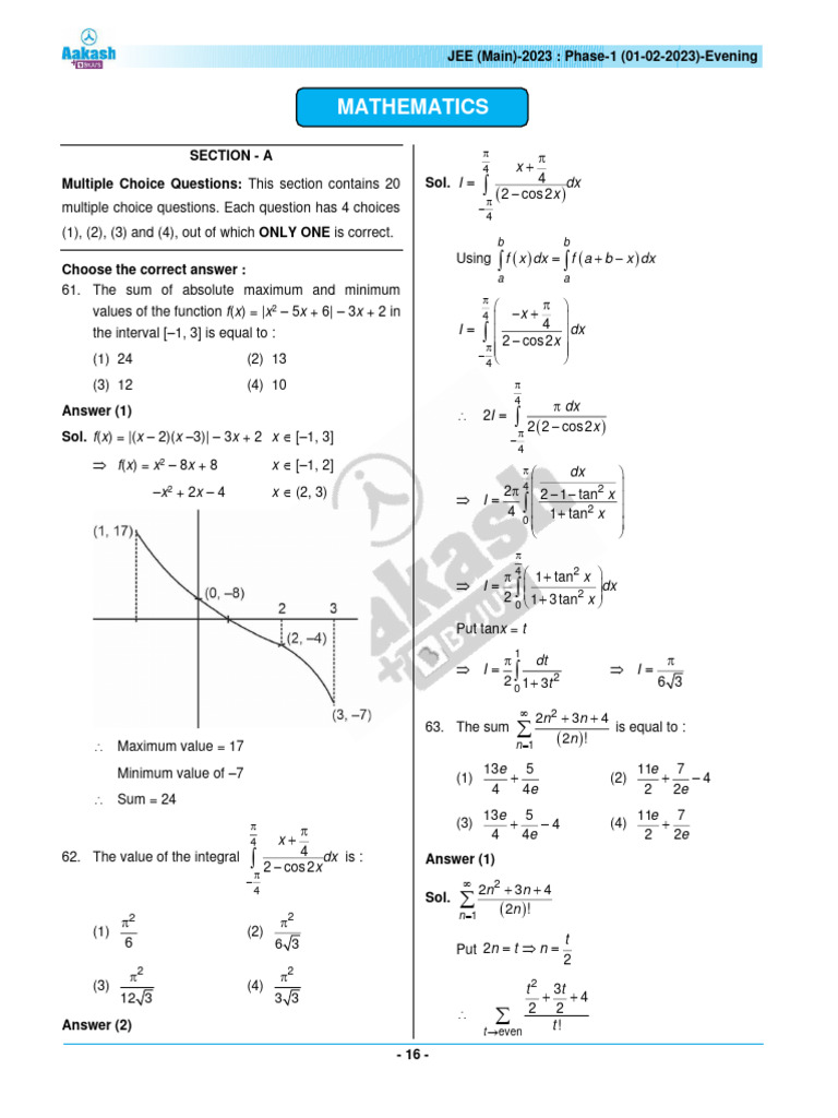 Answer and Solutions JEE Main 2023 QP Feb 1 Evening Shift Maths | PDF | Calculus | Mathematical ...