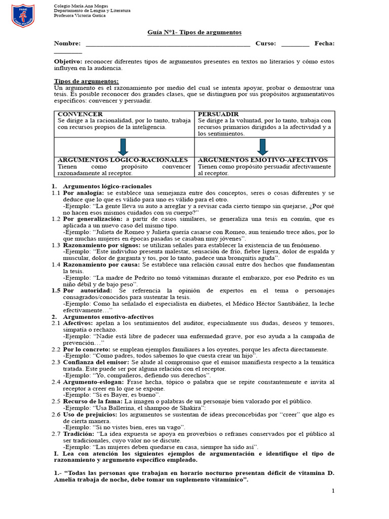 Guía N1 TIPOS DE ARGUMENTOS | PDF