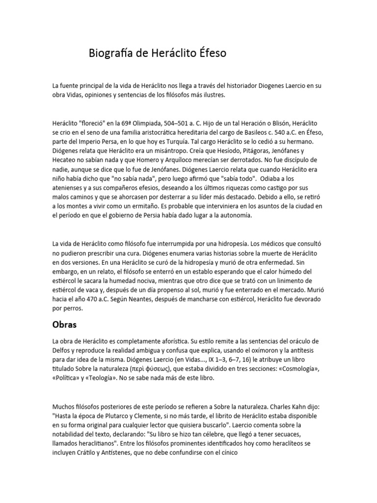 Biografía De Heráclito éfeso Pdf Filosofía Griega Antigua