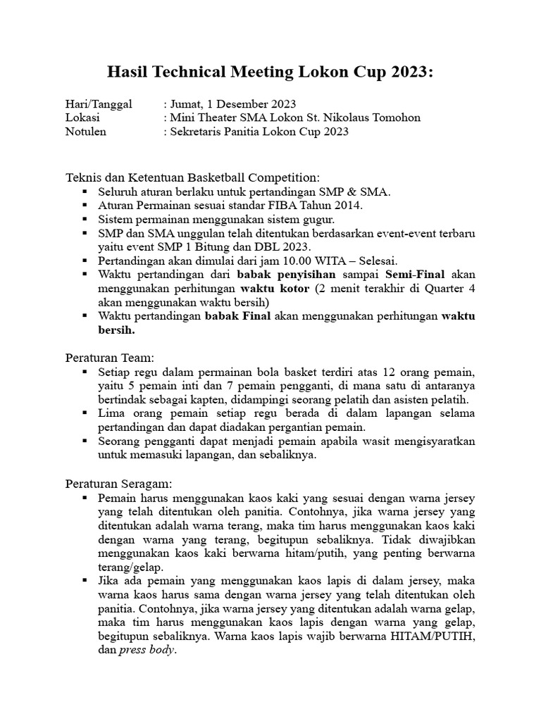 Hasil Technical Meeting Lokon Cup 2023 | PDF