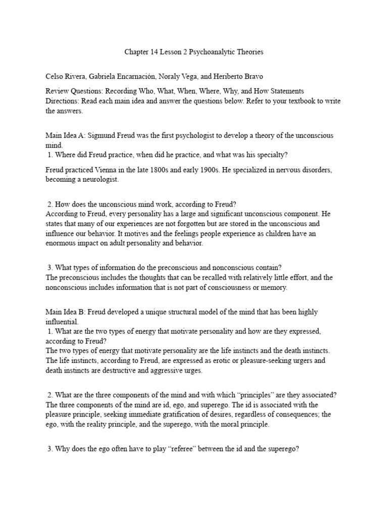 Chapter 14 Lesson 2 Psychoanalytic Theories Worksheet | PDF | Id ...