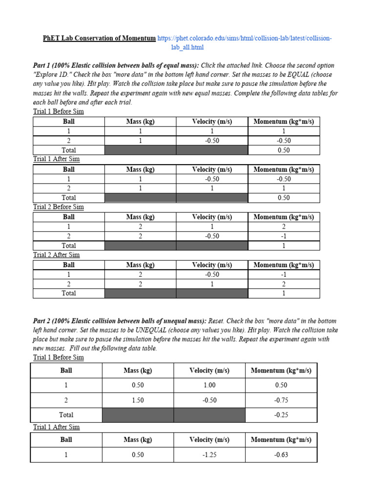 PhET Lab Conservation of Momentum | PDF | Momentum | Collision
