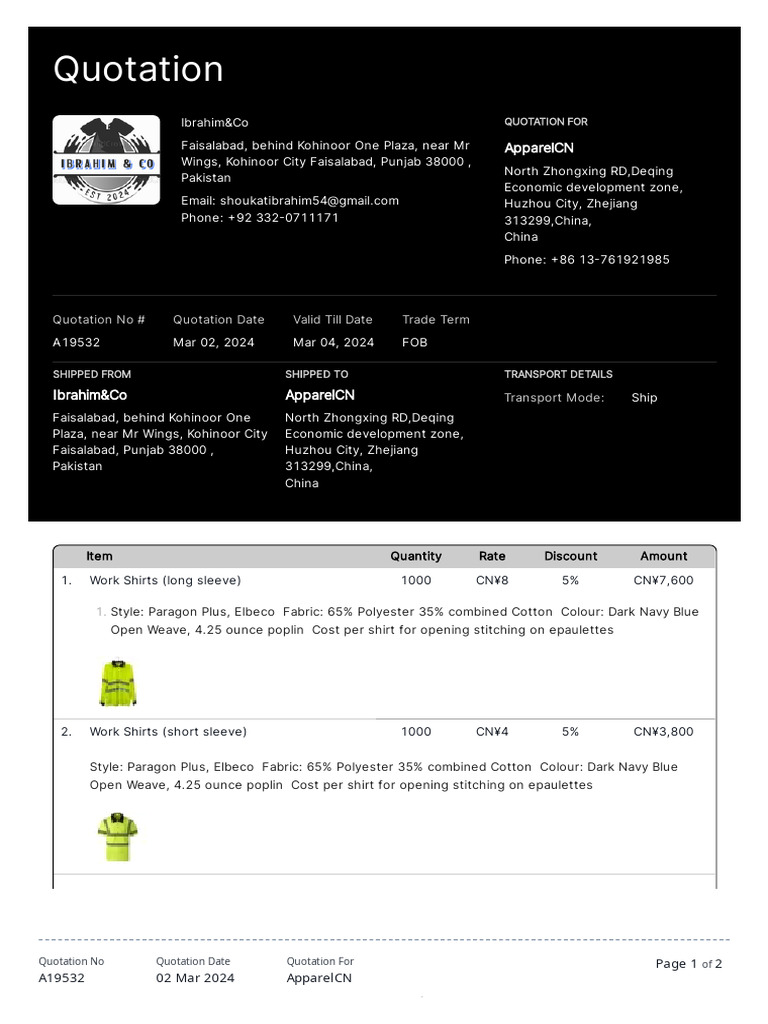 Quotation For Clothes | PDF | Shirt | Textiles