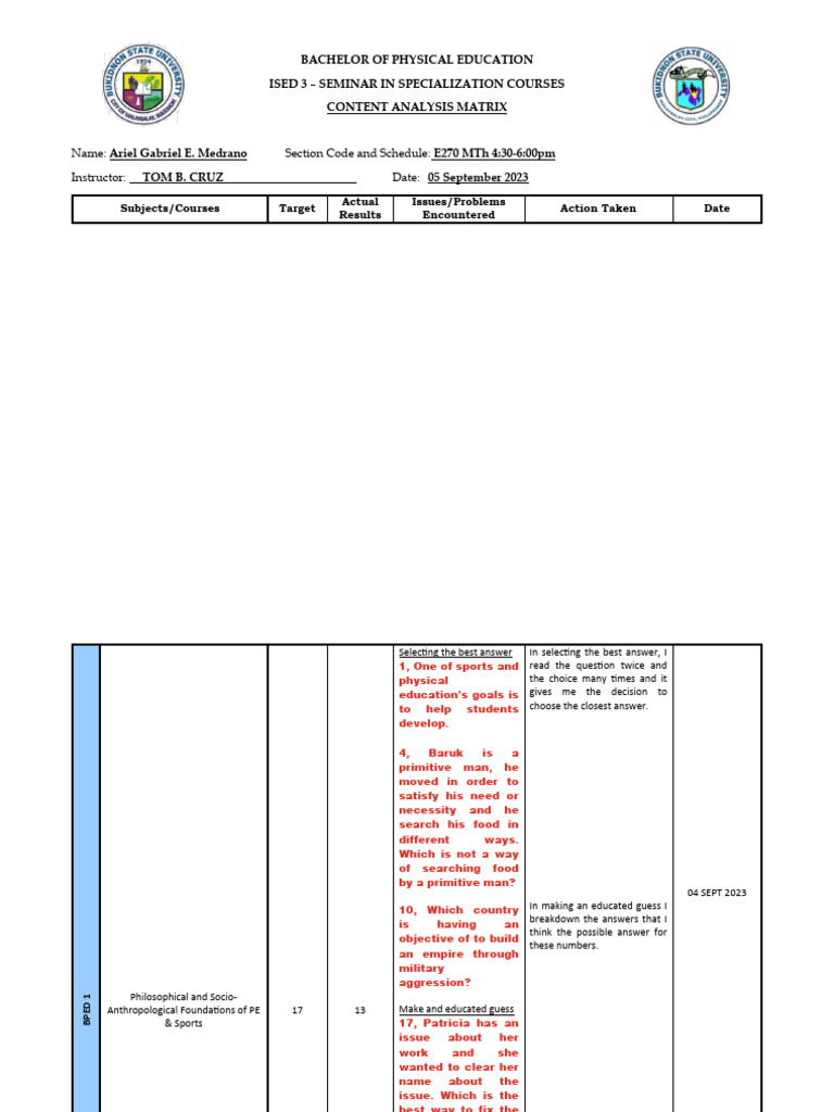 Content Analysis Matrix | PDF | Skeletal Muscle | Learning