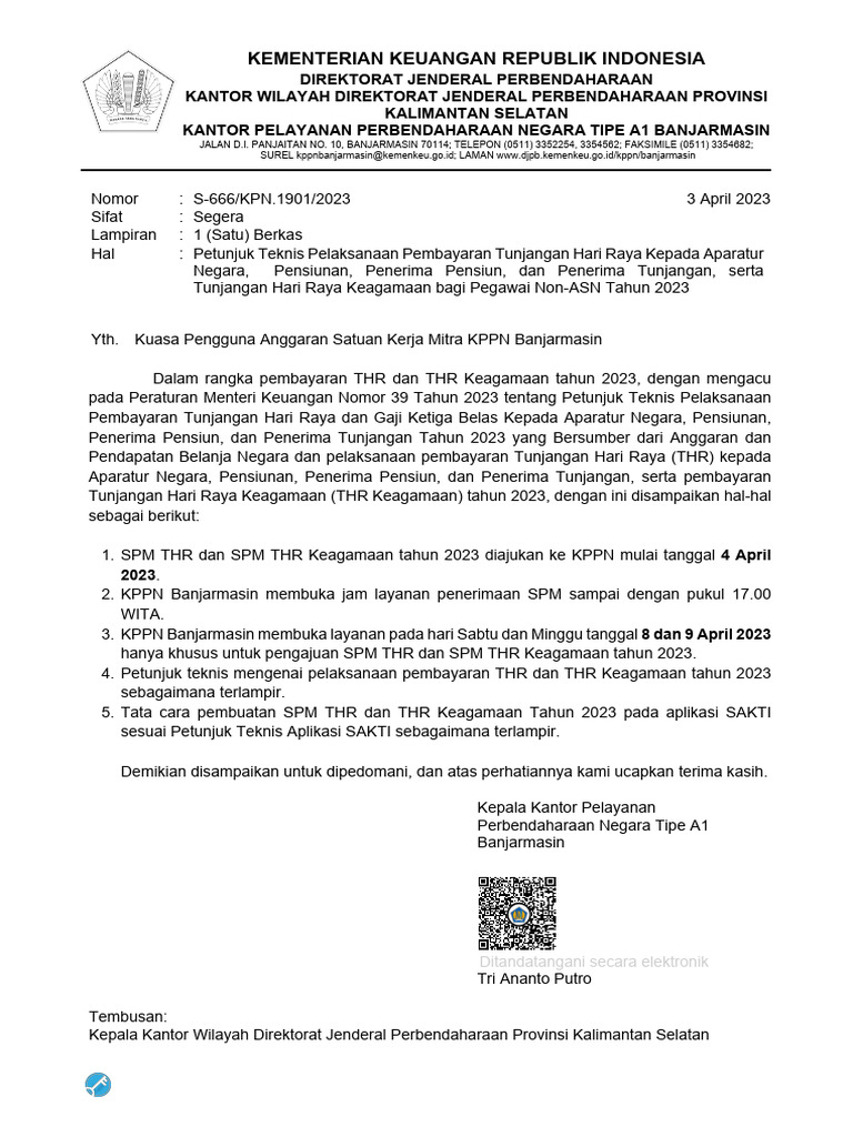 S-666 - KPN.1901 - 2023 - Juknis Pembayaran THR 2023 | PDF