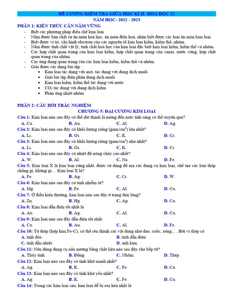 DE CUONG GIUA HOC KI II - HOA 12-2023 d218d | PDF