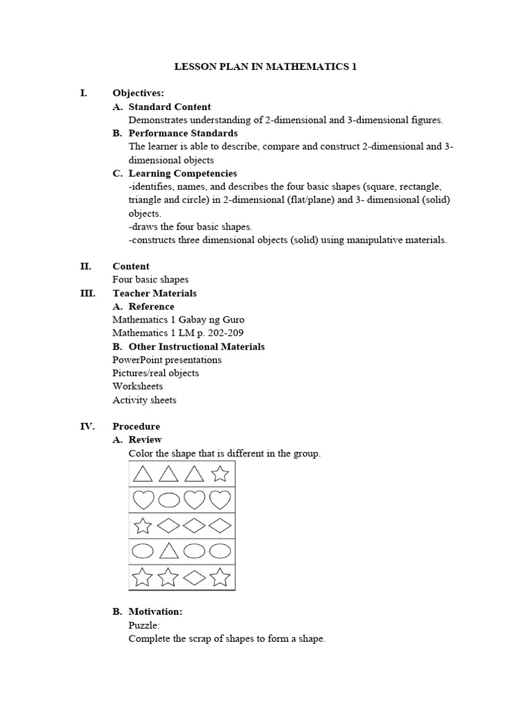Cot Lesson Plan in Mathematics 1 - q3 - Week 6 - Four Basic Shapes ...