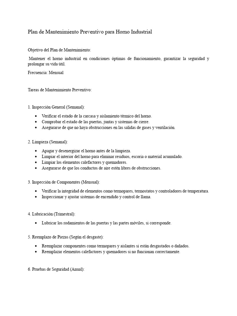Plan de Mantenimiento - Horno Industrial - Aylin | PDF | Rodamiento (Mecánico) | Ingeniería mecánica