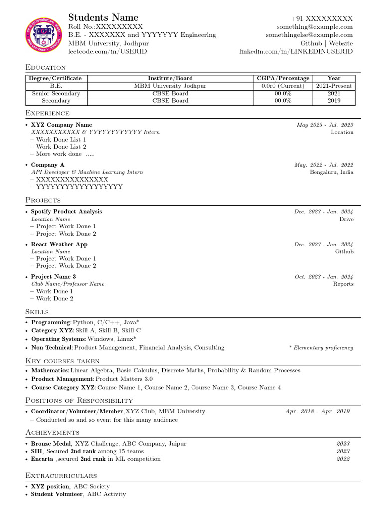 MBM University CV Template | PDF | Mathematics