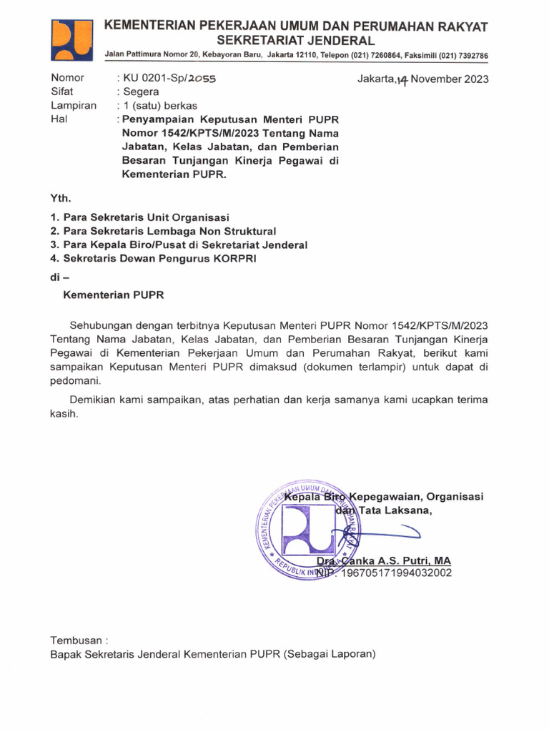 Kepmen 1542 Tahun 2023 Tentang Nama Dan Kelas Jabatan Pdf