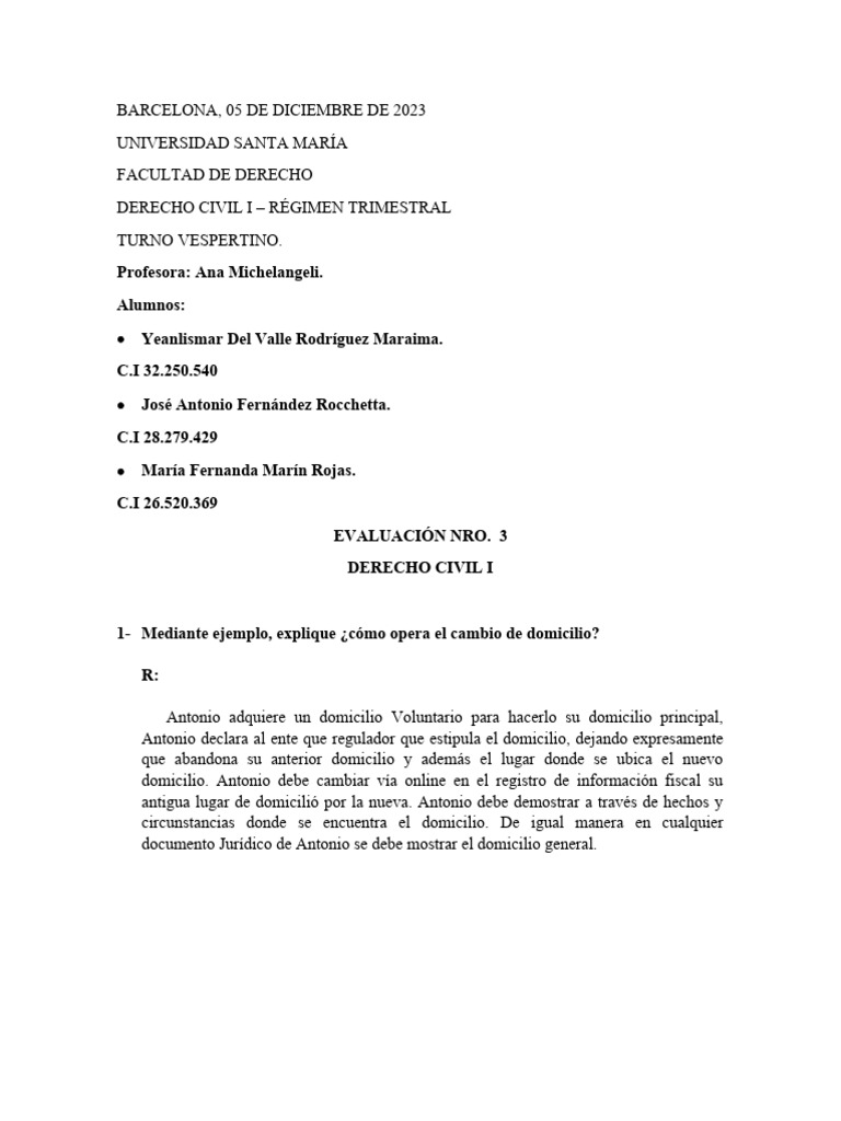 Evaluación Derecho Civil I | PDF | Domicilio (Ley) | Ciudadanía
