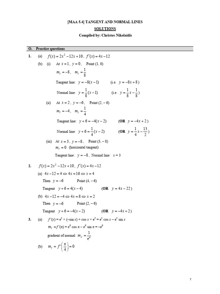 Tangent and Normal Lines Practice | PDF | Slope | Tangent