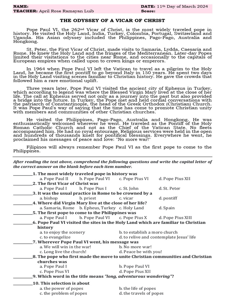 The Odyssey of A Vicar of Christ March 11 Raeg | PDF | Pope | Early Christianity