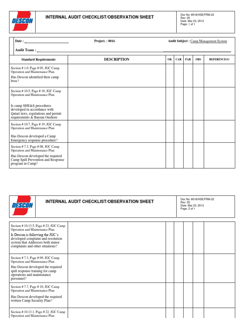Audit HSE Check List, Camp Management System, Rev 00, 06.4.13 | PDF | Working Conditions ...