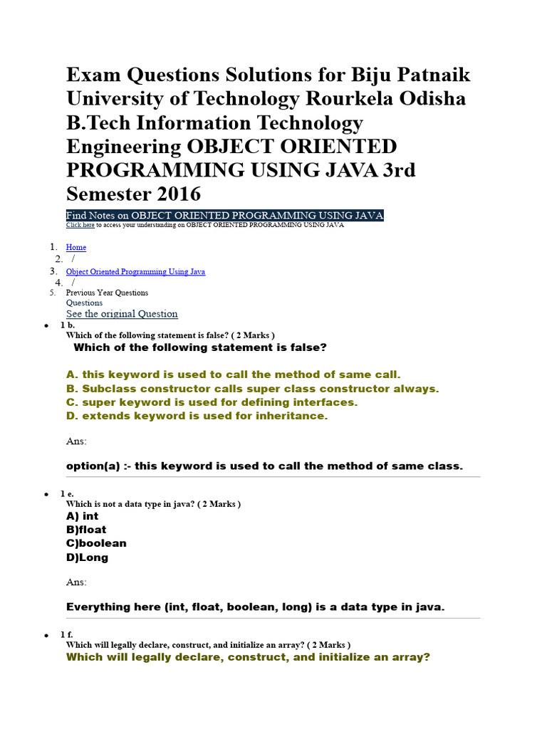 Oops With Java 2016 Questions Pdf Method Computer Programming Object Oriented Programming