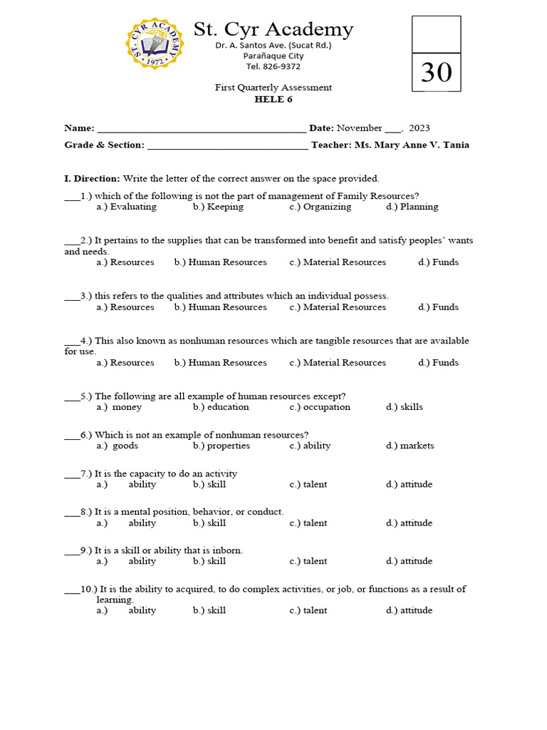 First Quarterly Assessment in Hele 6 | Download Free PDF | Money ...