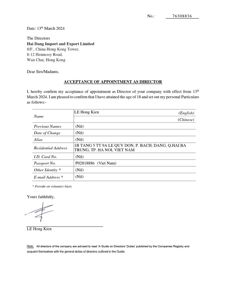 Dir Accpt of Appt and Notice of Confirmation of Significant Controller ...