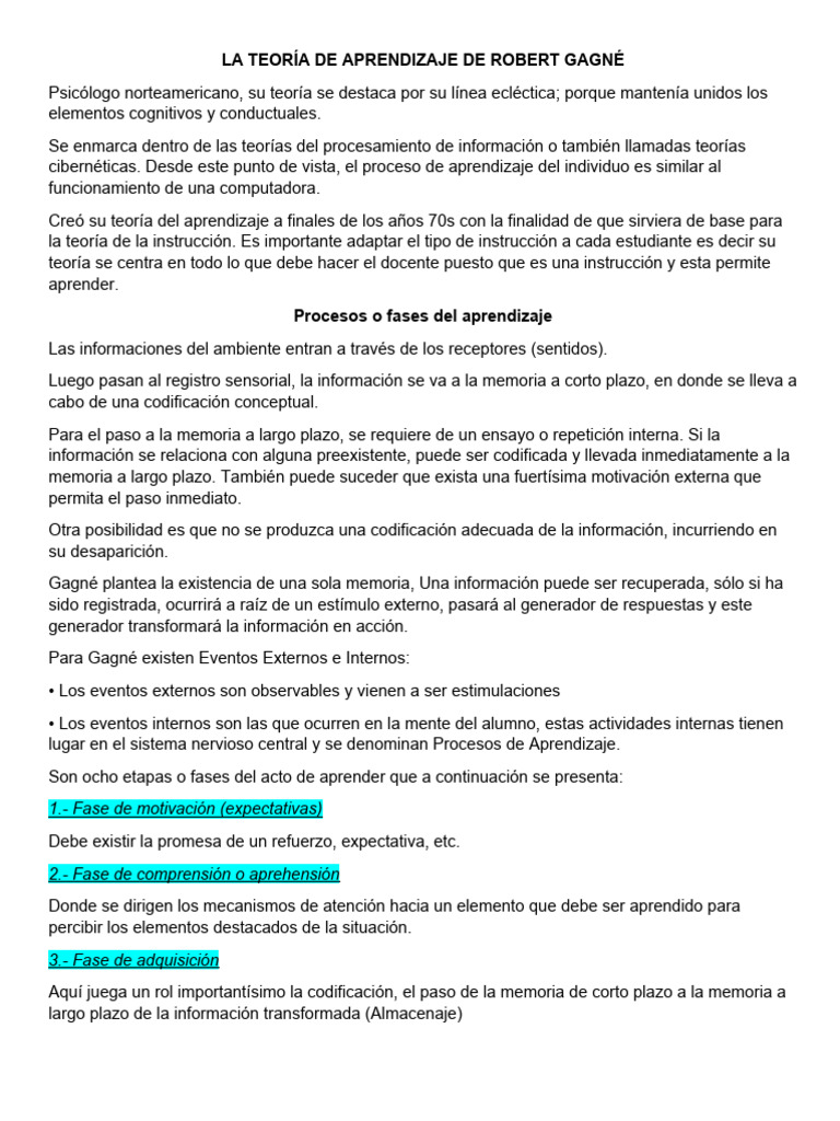 La Teoría de Aprendizaje de Robert Gagné | PDF | Aprendizaje | Memoria
