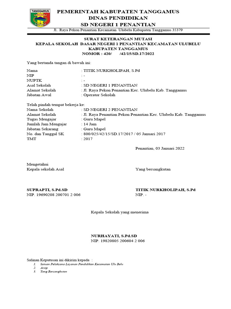 Contoh Surat Mutasi Guru Dari Kepala Sekolah Asal | PDF