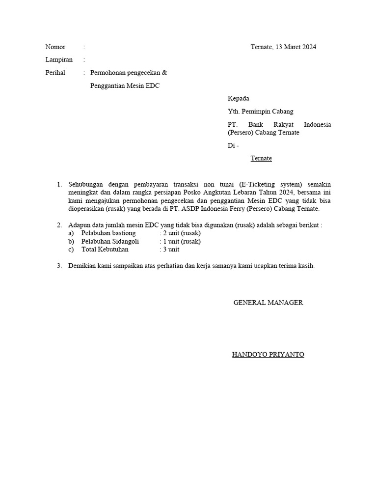 Surat Permohonan Pengecekan Dan Penggantian Edc | PDF