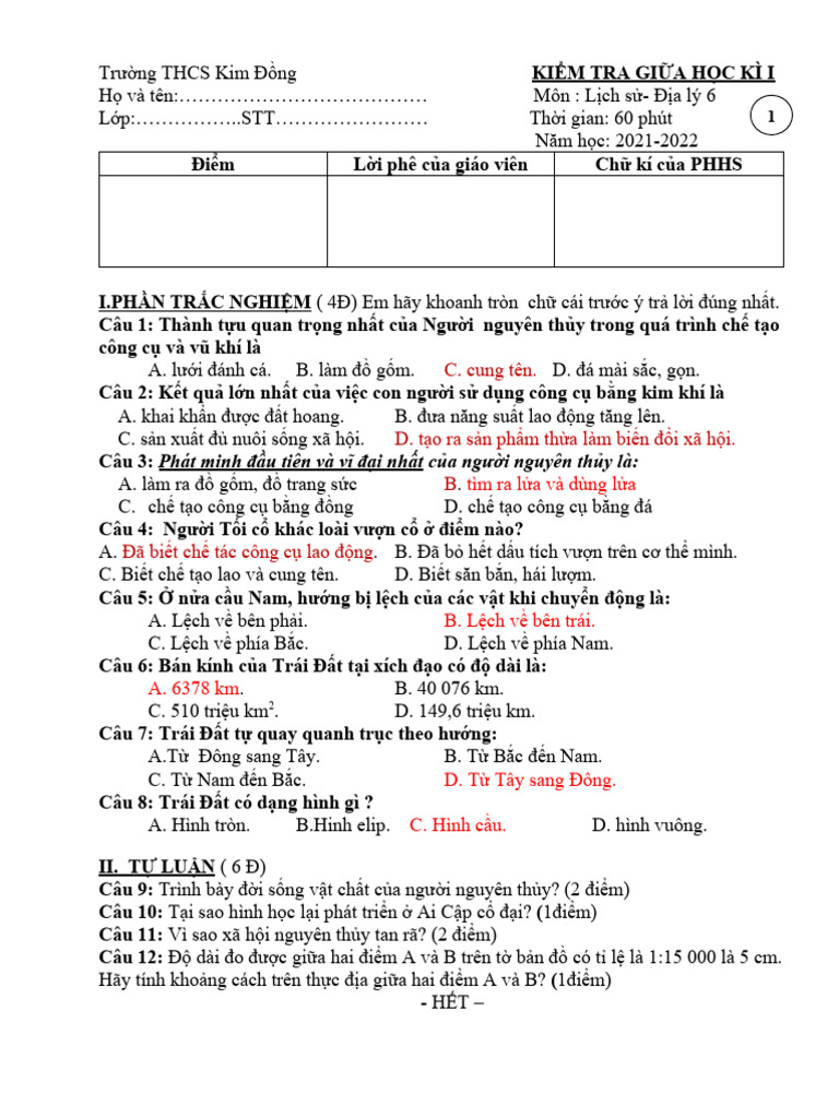 De Kiem Tra Giua Ki I Lich Su Va Dia Ly 6 | PDF