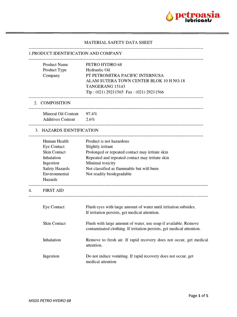 MSDS HYDRO 68 | PDF | Personal Protective Equipment | Water