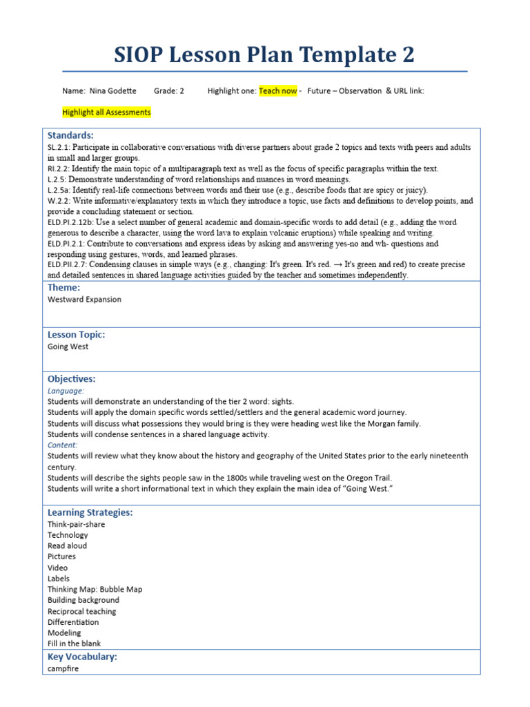 Godette Siop Lesson Plan | PDF | Oregon Trail | Vocabulary