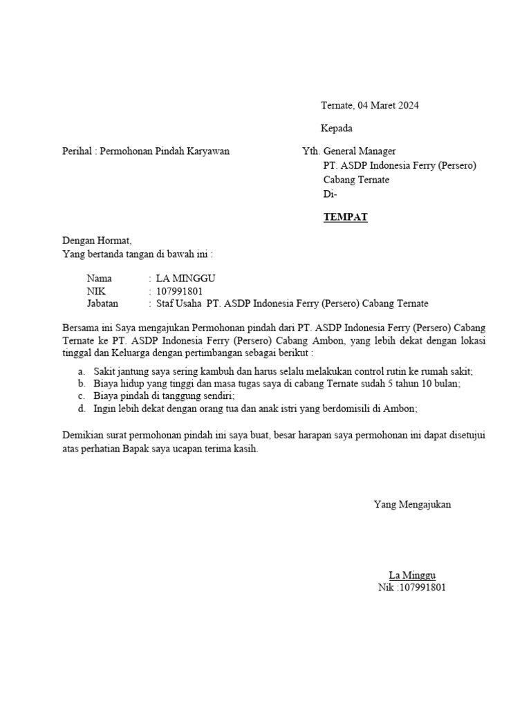 Surat Pernyataan Permohonan Pindah Bpk La Minggu Pdf