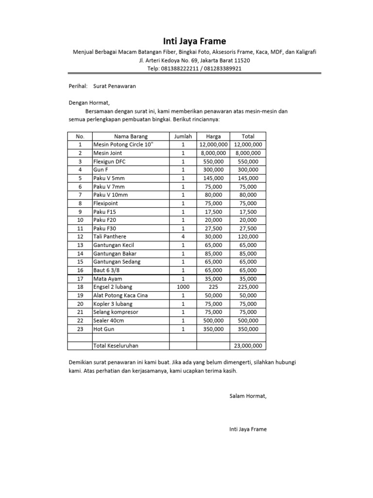 Penawaran Mesin & Perlengkapan Bingkai | PDF | Pengelolaan Keuangan ...