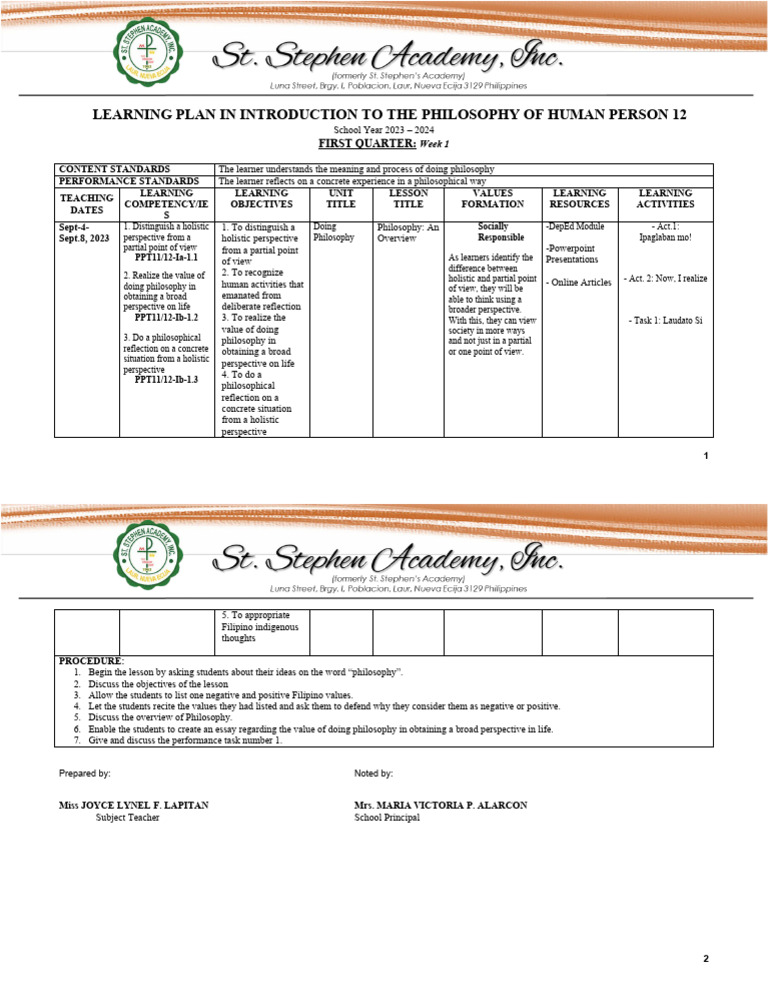 Learning-Plan-Philosophy 12-Week 1 | PDF | Learning | Holism