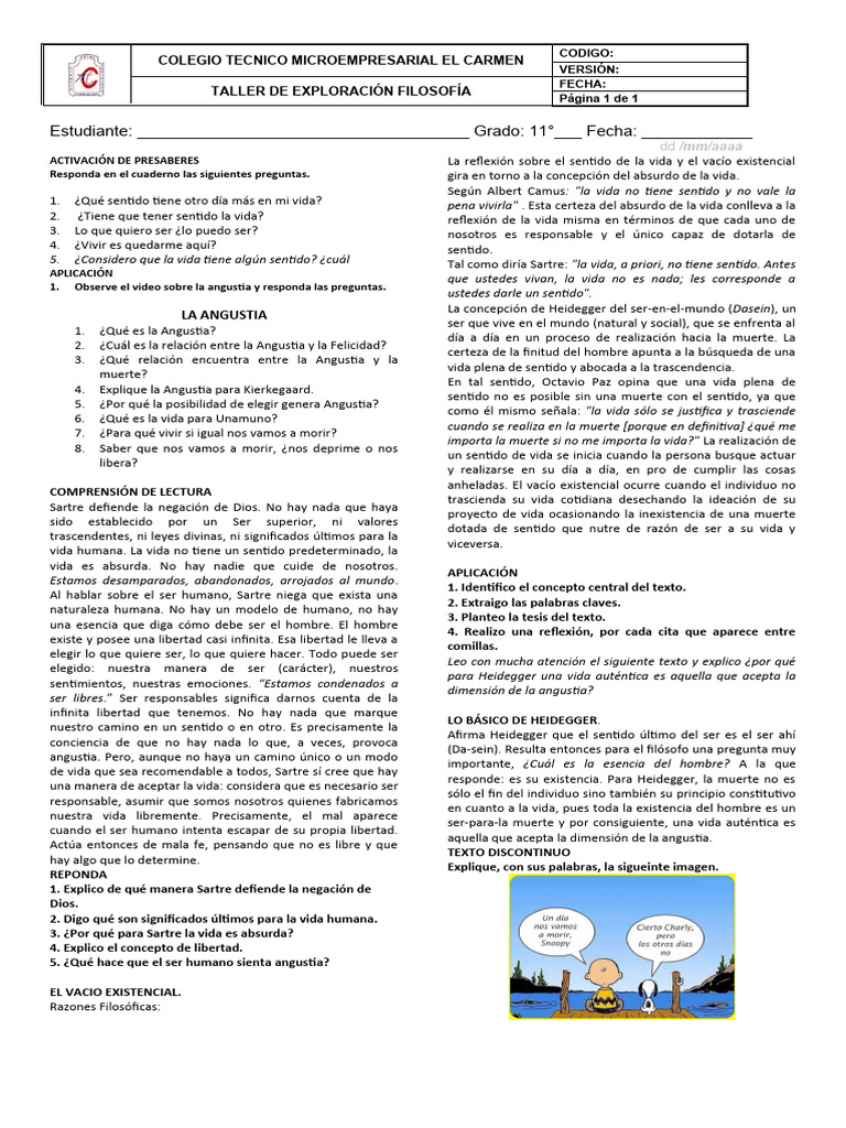 Taller De Filosofía Angustia Y Existencia Pdf Martin Heidegger