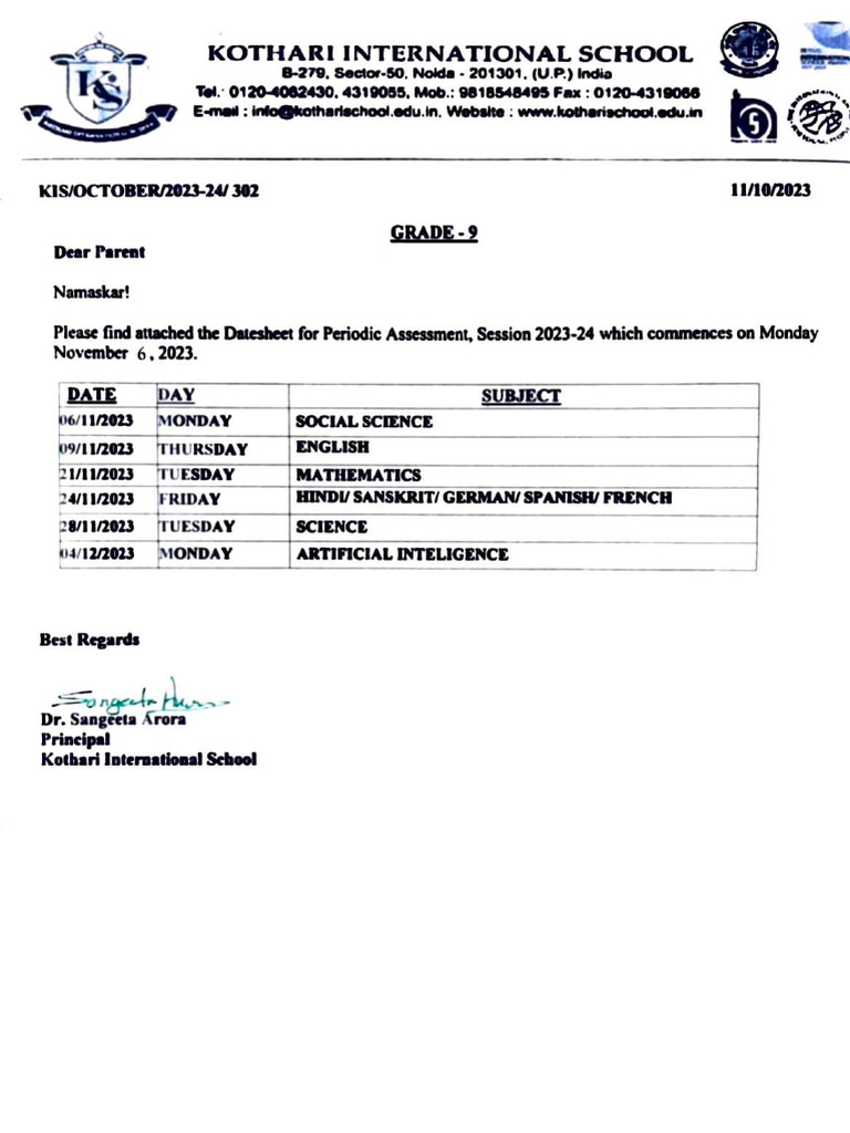 Grade 9 Periodic Assessment - 3 Datesheet &syllabus | PDF