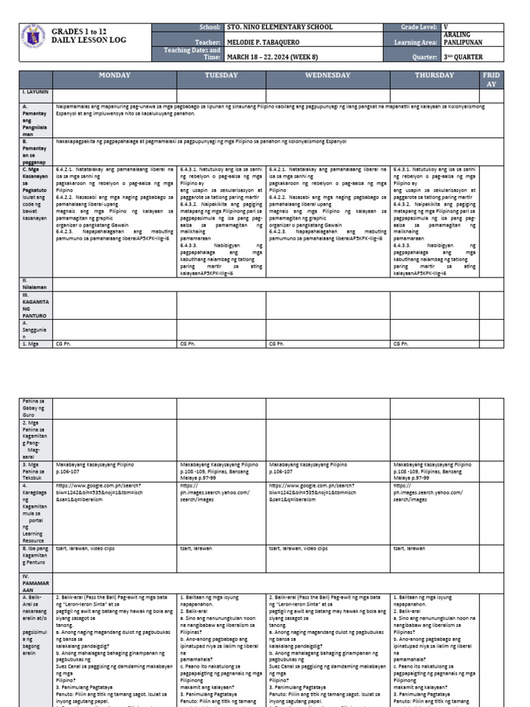DLL - Araling Panlipunan 5 - Q3 - W8 | PDF