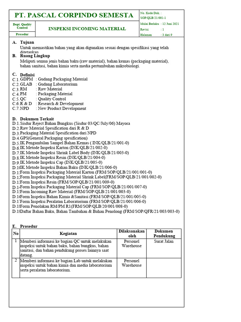 SOP-QLB-21-001-0 SOP Inspeksi Incoming Material | PDF