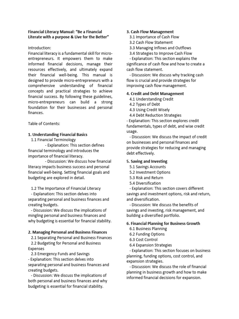 Financial Literacy Manual for Entrepreneurs | PDF | Financial Literacy ...